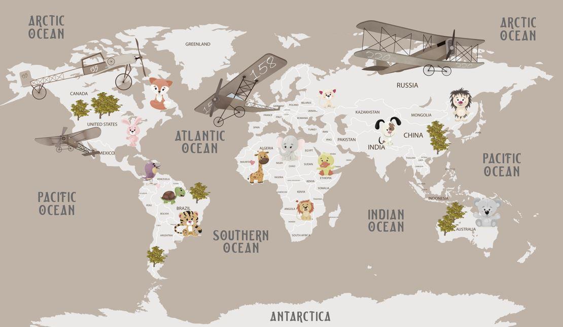 Brown background cute animals and Biplanes world map Digital file