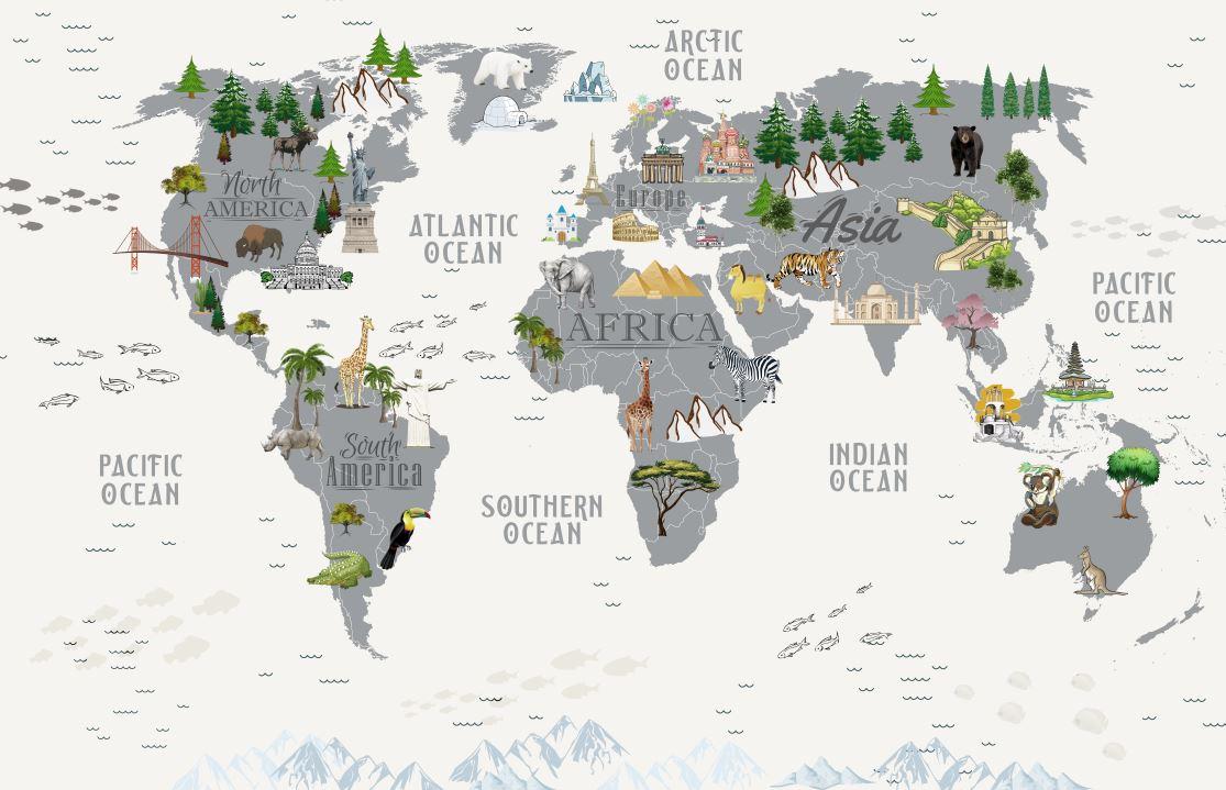 Cute Kids World Map and Sweet animals Biplanes Digital File