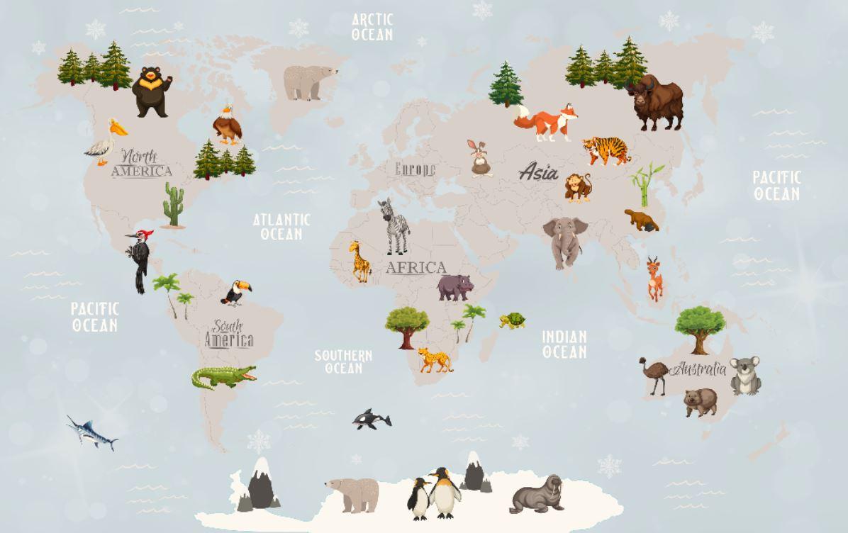 Cute Kids World Map and Sweet animals Trees Digital File