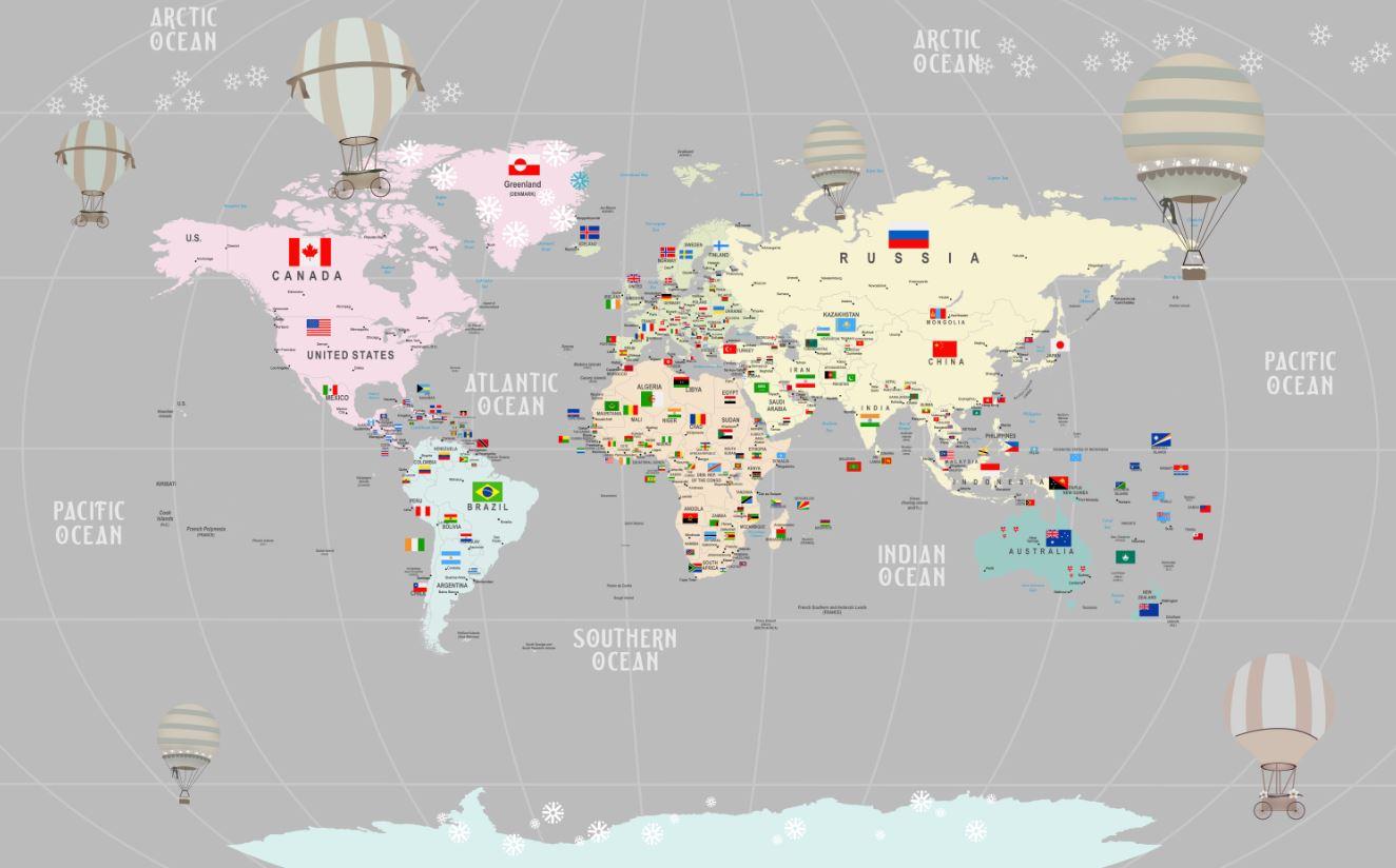 Gray Background Children's room Educational World Map Digital File
