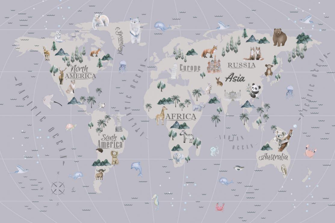 Gray Children's room Educational World Map Digital File