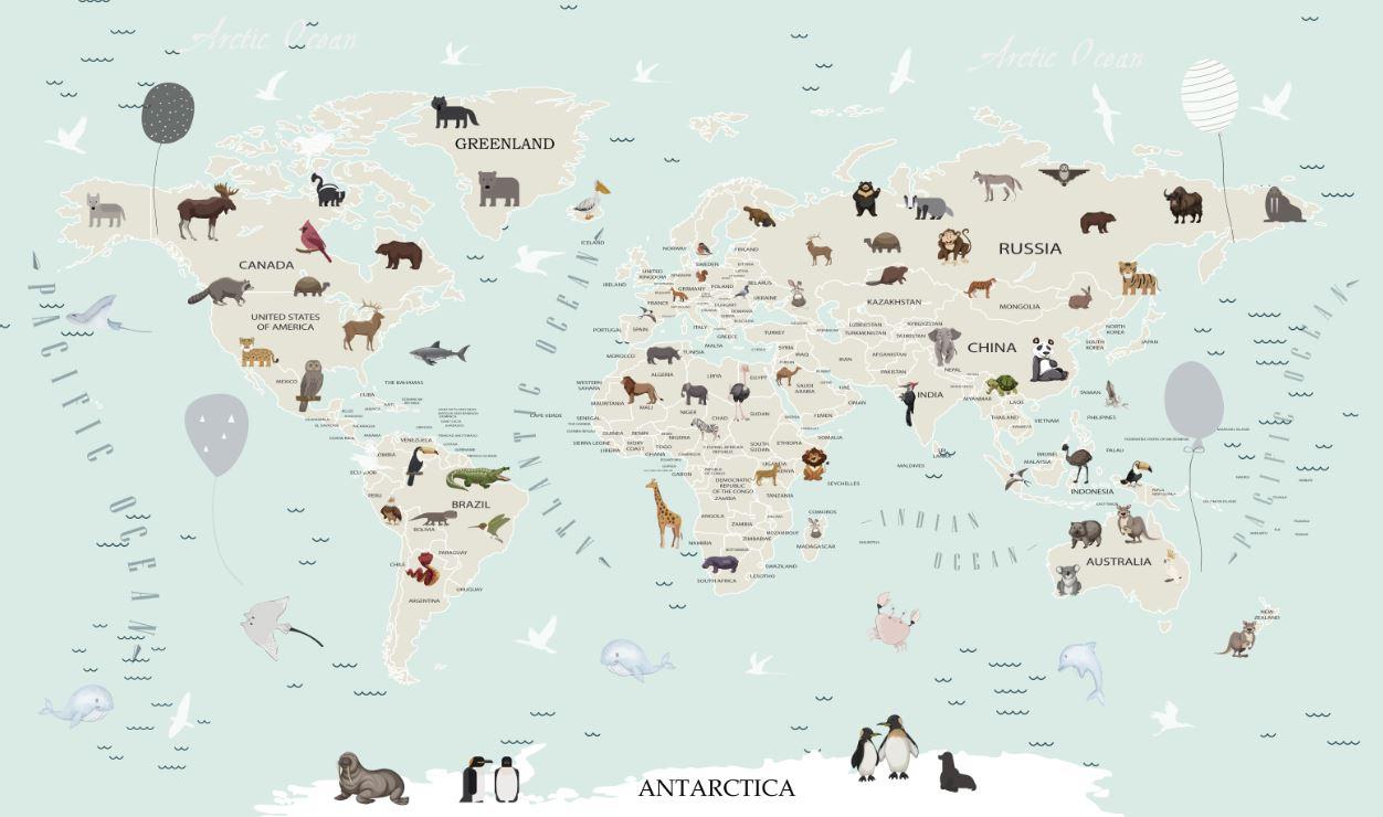 Soft Geen background cute animals and Biplanes world map Digital file